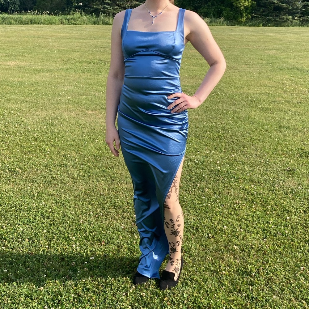 Blue Satin High Slit Formal Dress - Gem